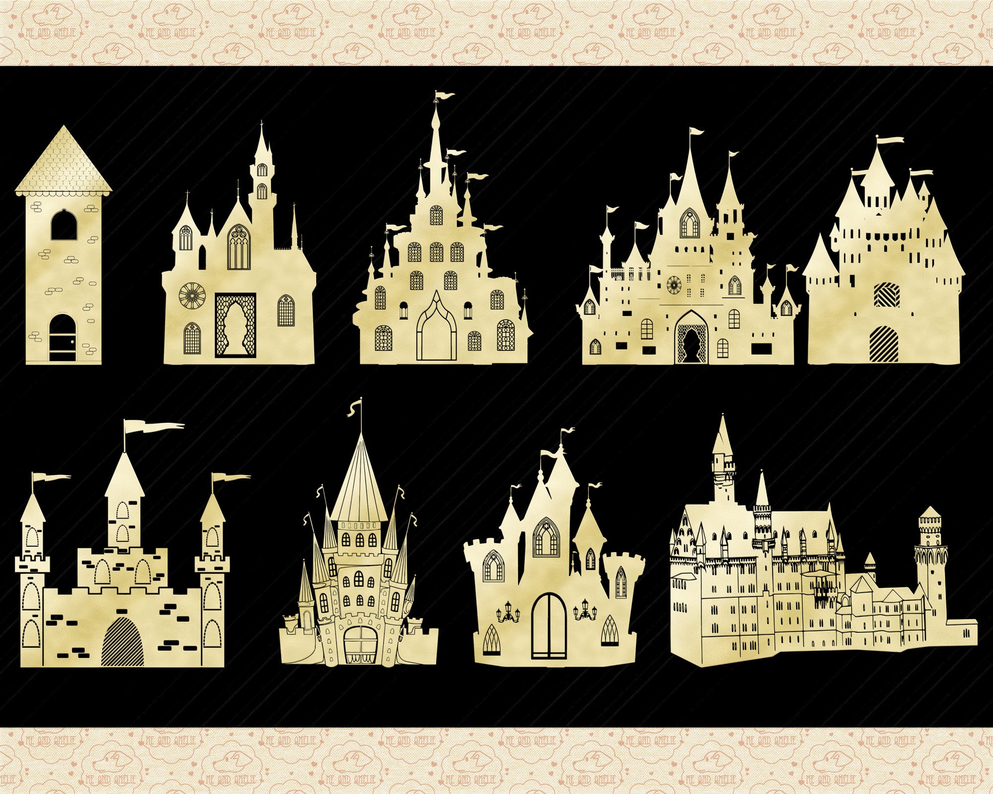 Gold Foil Castle Silhouettes Clipart Gold Castle Clipart - Etsy