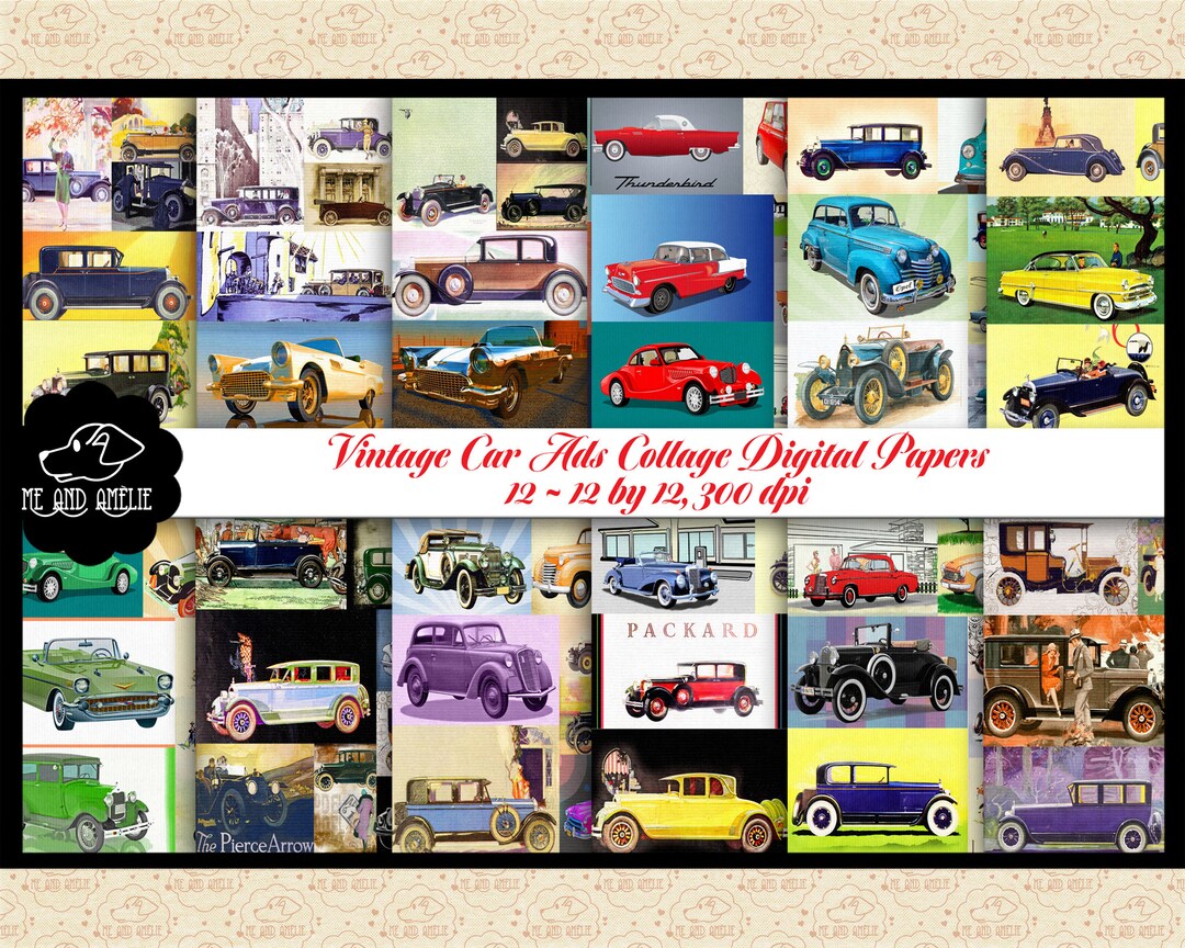 Vintage Car Ads Collage, Mid-century Modern Digital Paper (digital ...