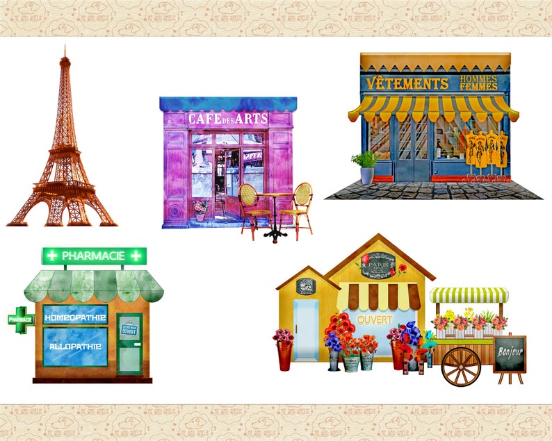 Parisian Shops & Elements Clip Art (some Watercolor) Paris Shops ...
