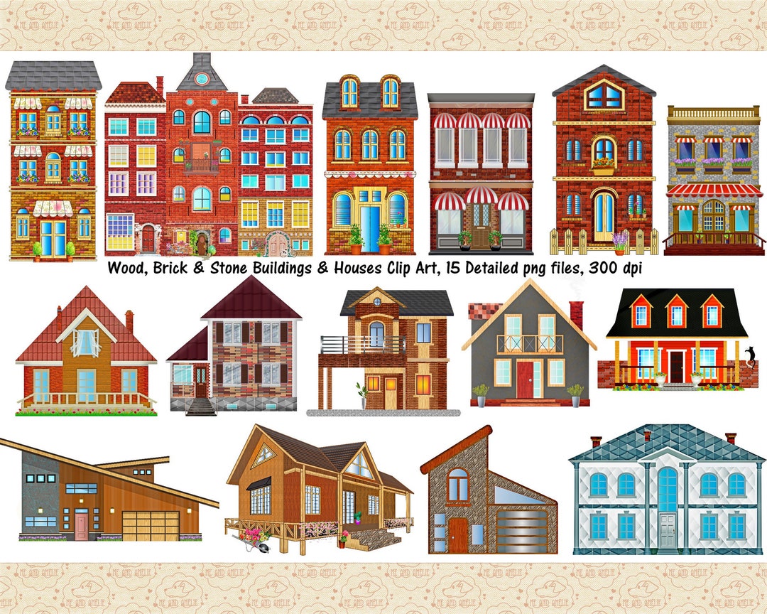 Wood, Brick & Stone Buildings/houses Clip Art, Detailed Buildings ...