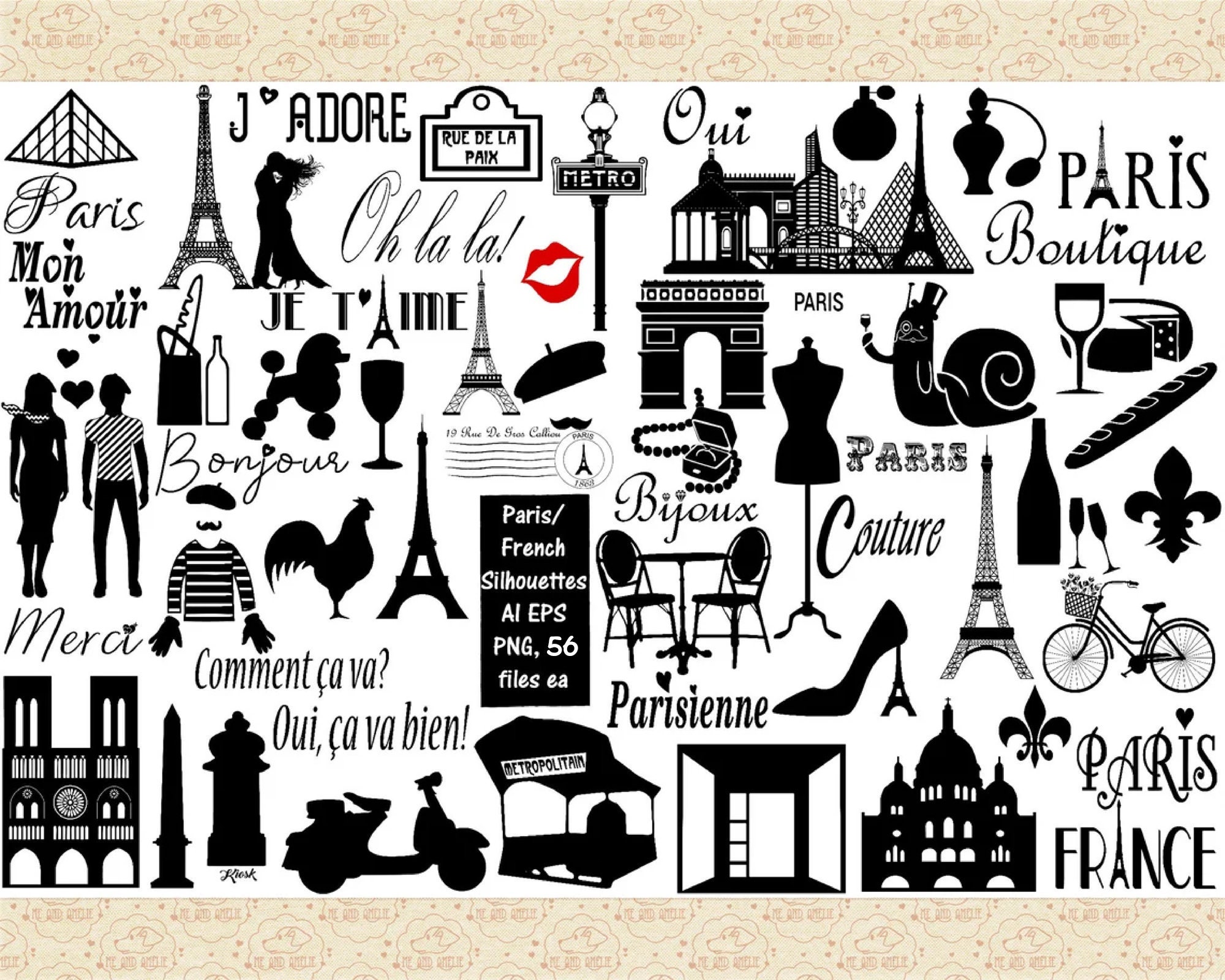 Paris/french Elements AI EPS (no SVG) Png Files, Eiffel Tower, Parisian ...