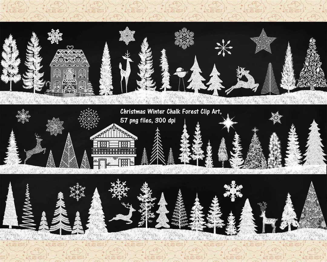 Chalk Christmas Village Clipart, Winter Forest PNG (57 Files) - Etsy