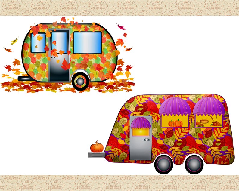 Autumn Trailers & Truck Clipart, Fall Leaves W/ Retro Travel Trailer ...