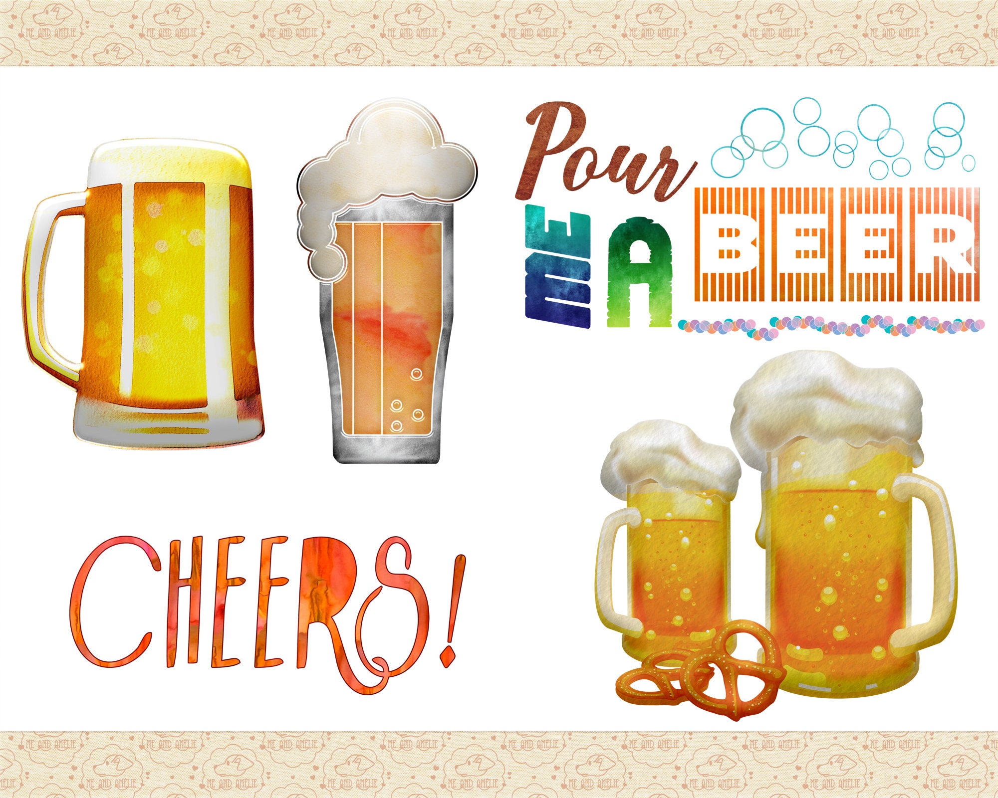 Beer Borders Beer in Glasses Clip Art I Love Beer Watercolor Beer Clip ...