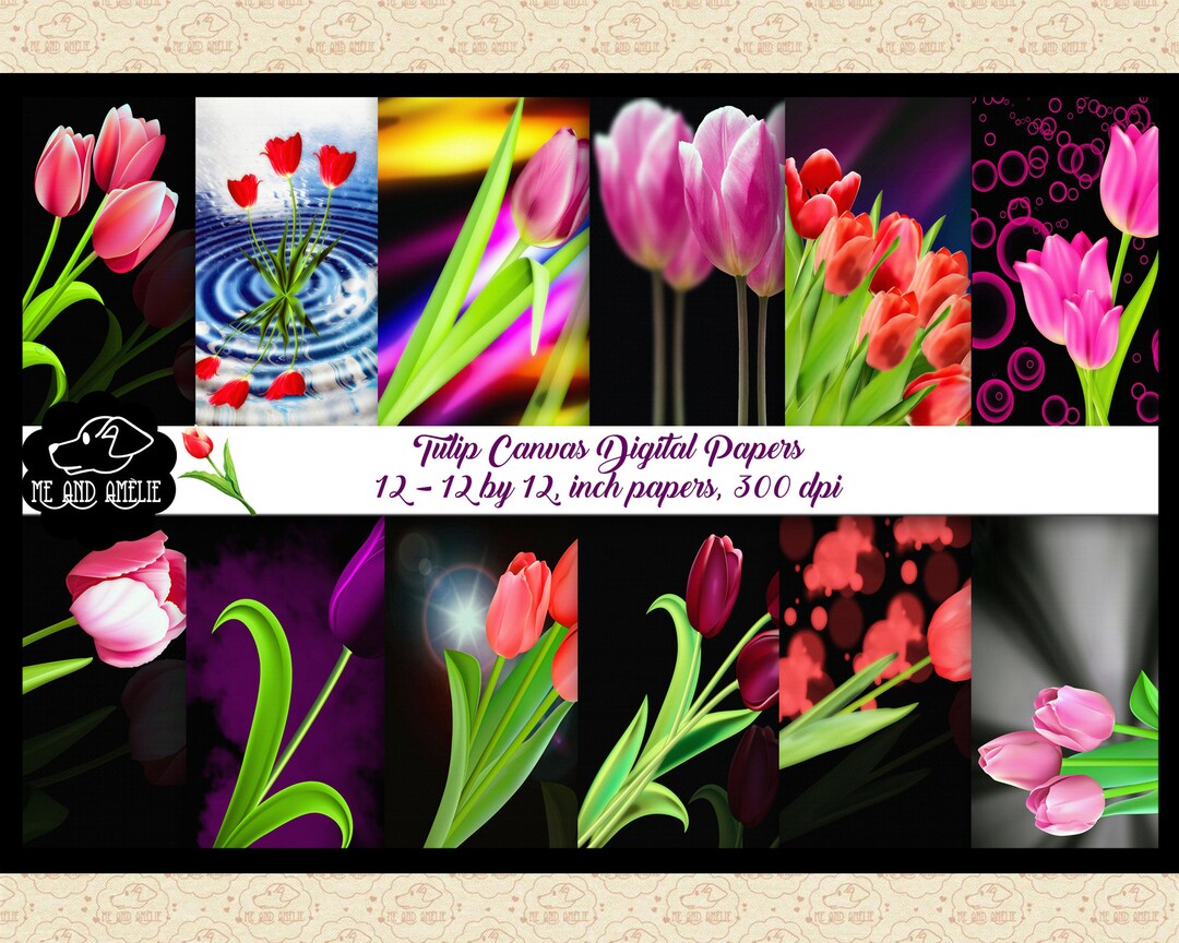 Tulips Canvas Digital Papers, Tulip Background, Fantasy Tulips, Floral ...