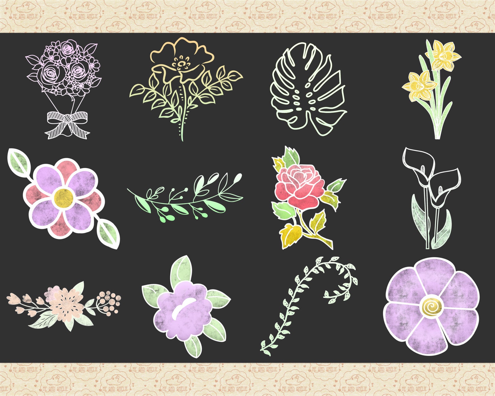 Chalkboard Colorful Floral Clip Artchalk Flowers - Etsy