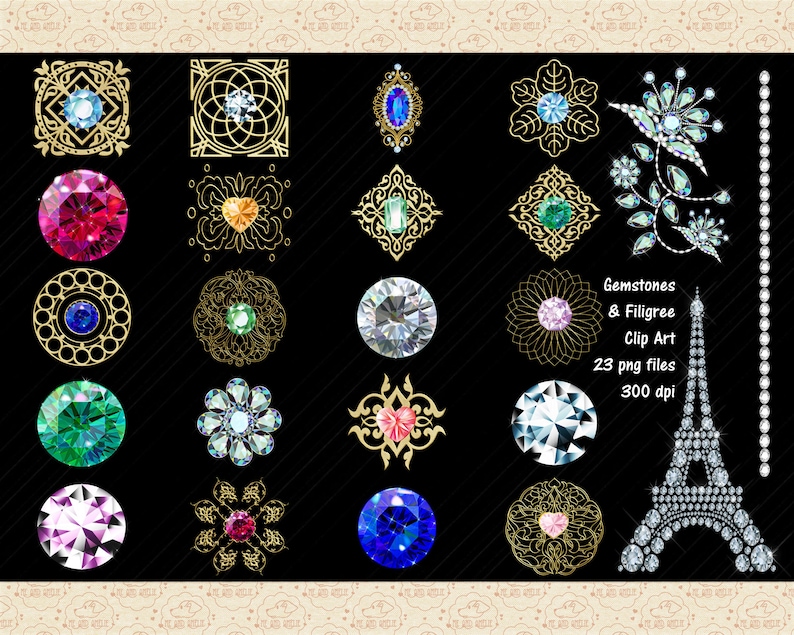 Gemstone & Filigree Clipart Frame Diamonds Clip Art Semi - Etsy