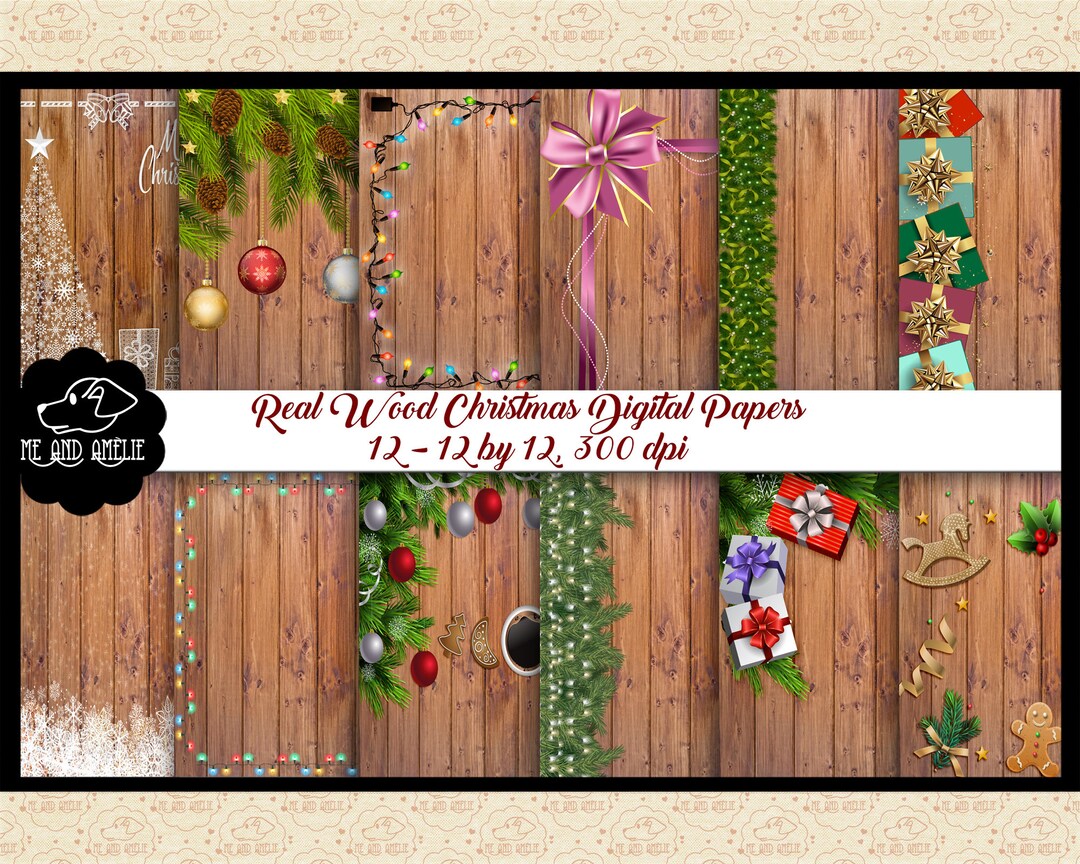 Christmas Real Wood & Elements Digital Papers, Christmas Card DIY ...