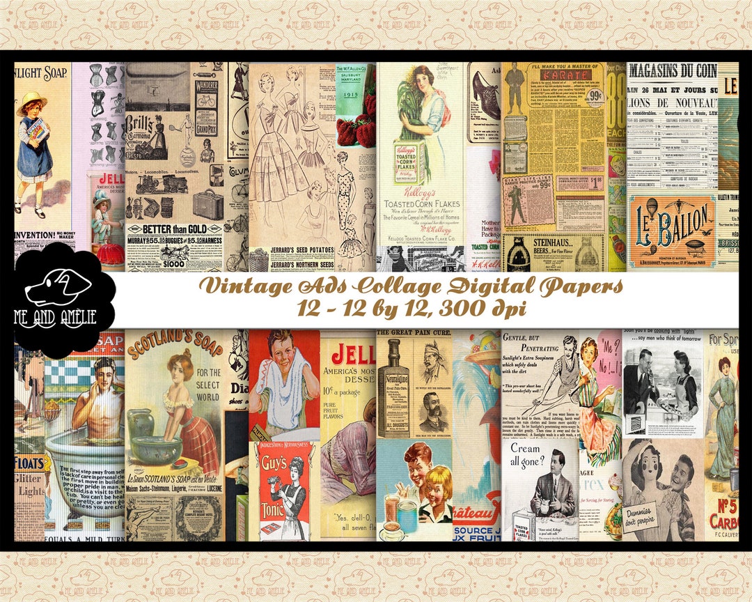 Vintage Color Retro Ads Collage Digital Papers,1950s, 1920s Public ...