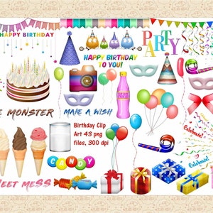 Birthday Megapack Clip Art, Birthday Cake, Balloons, Gifts, Bunting ...