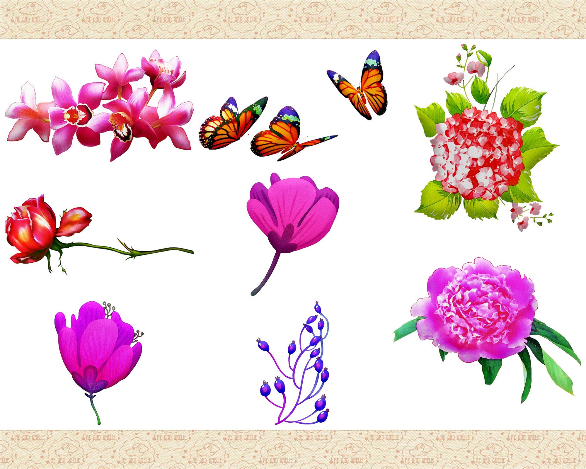 Watercolor Floral Elements Clip Art Roses Peonies Leaves - Etsy