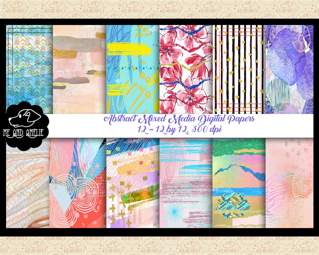 Abstract Mixed Media Digital Papers, Watercolor, Paint, Glitter ...