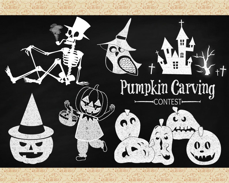 Halloween Chalkboard Clip Art Chalk Pumpkins Haunted House | Etsy
