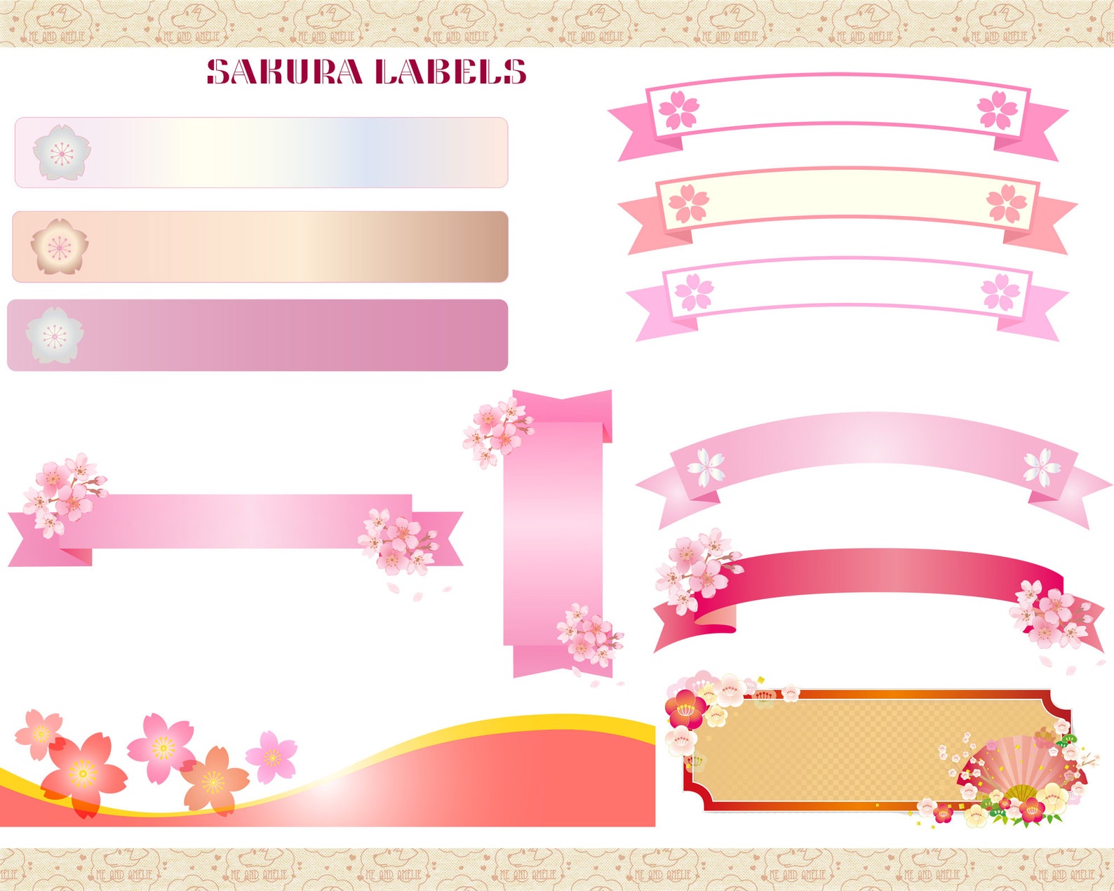 Sakura Borders Labels Banners and Corners Clip Art Japanese - Etsy