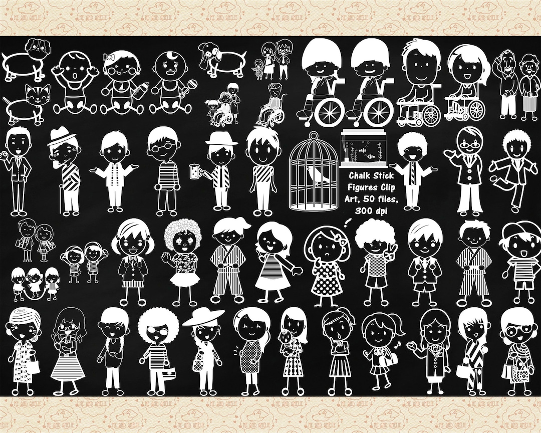 Chalk Stick Figures Clipart, People Stick Figures, Many Type, People in ...