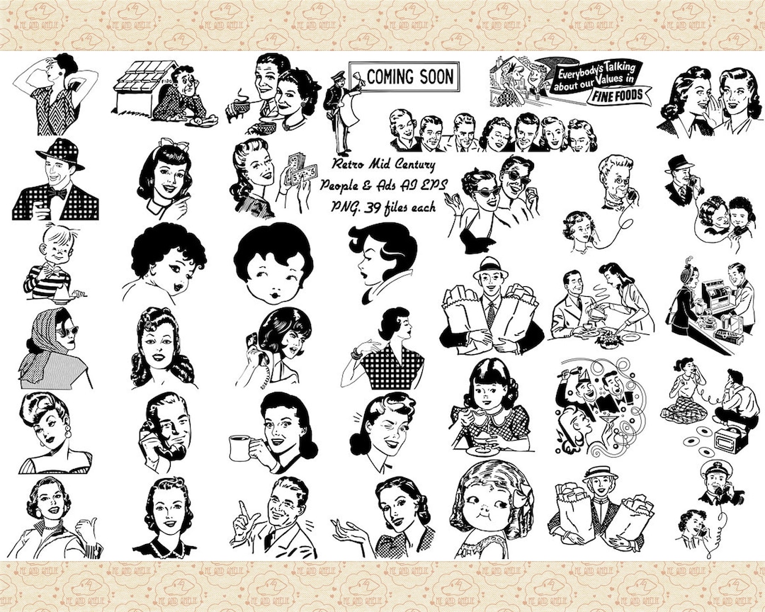 Retro Mid Century Ads and People AI EPS & Png (no SVG), Vintage Couples ...