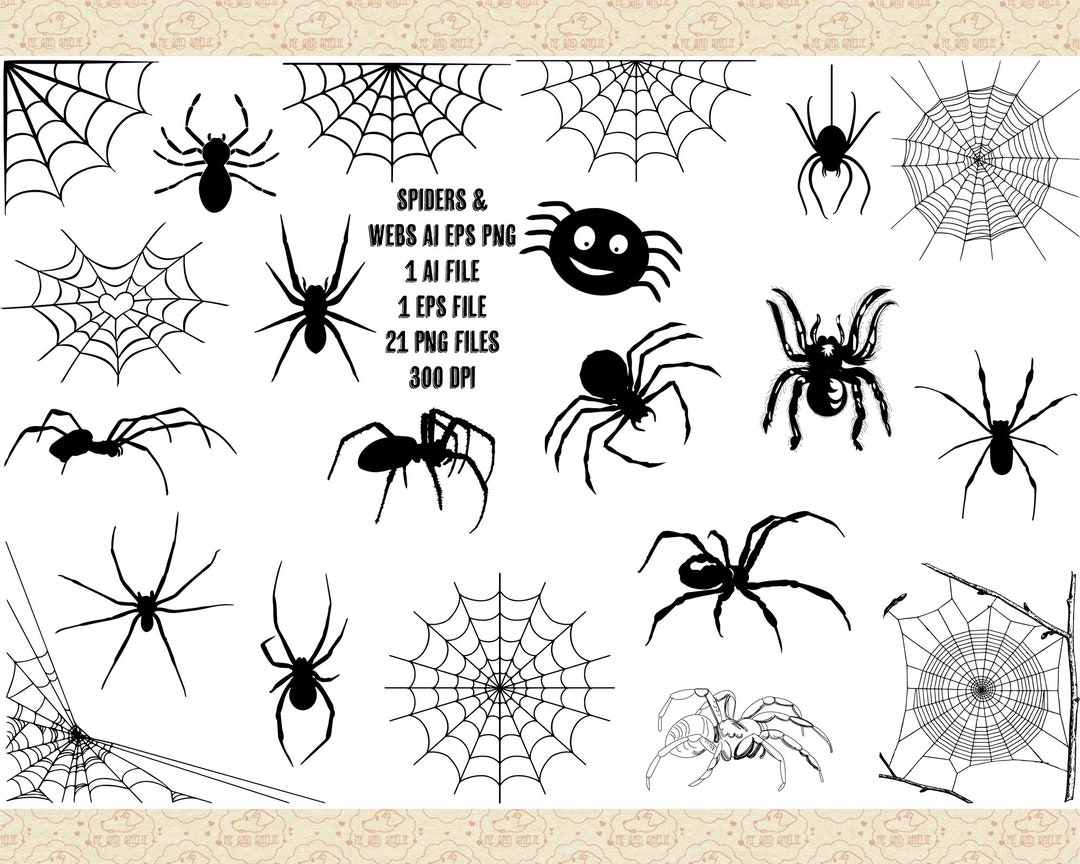 Spiders & Webs AI EPS (no Svg) and PNG, Halloween Clip Art, Spider ...
