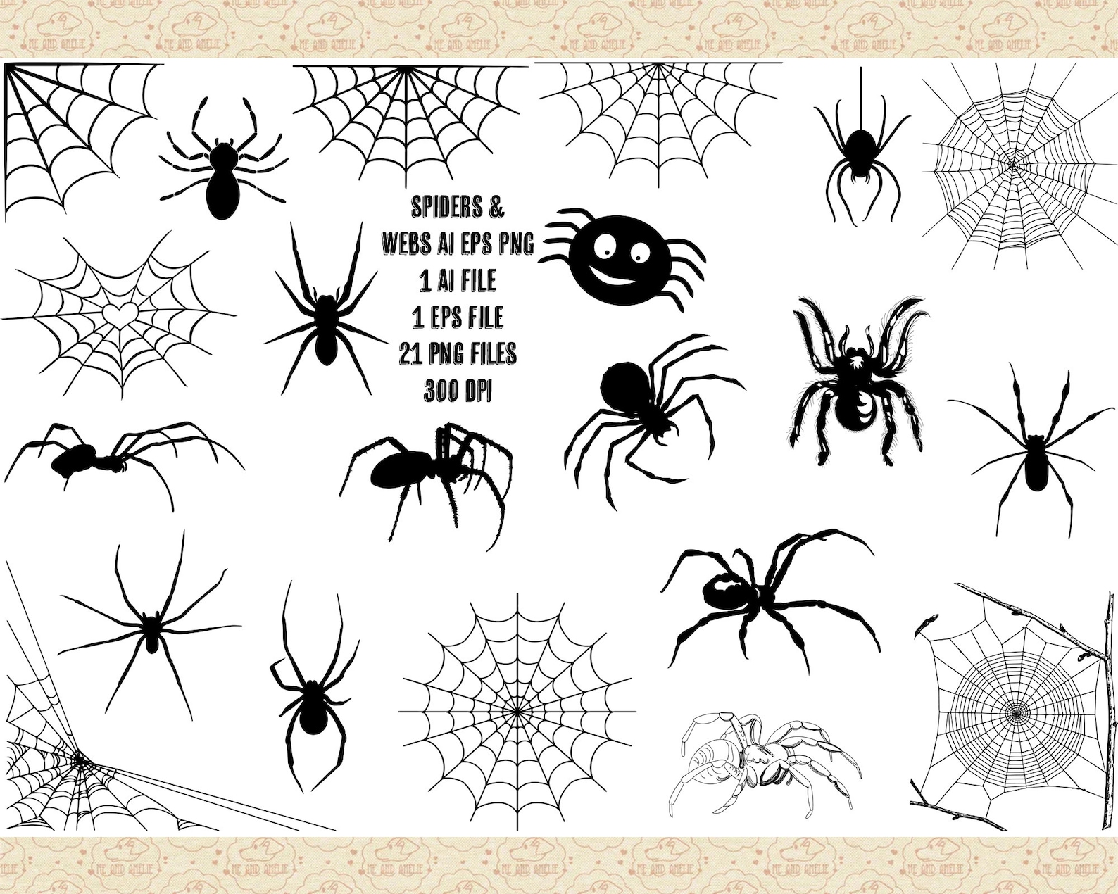 Spiders & Webs AI EPS (no Svg) and PNG, Halloween Clip Art, Spider ...