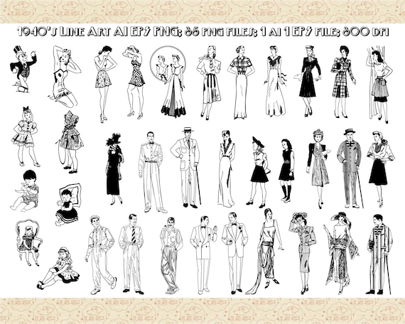 Forties Line Art AI EPS no Svg & PNG 1940s Women 1940s - Etsy