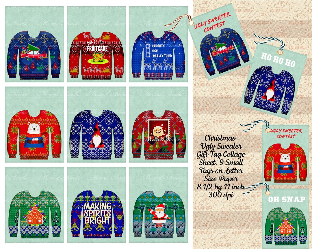 Christmas Ugly Sweater Gift Tags (8 1/2 by 11 Inch) 9 Tags on 1 Letter ...