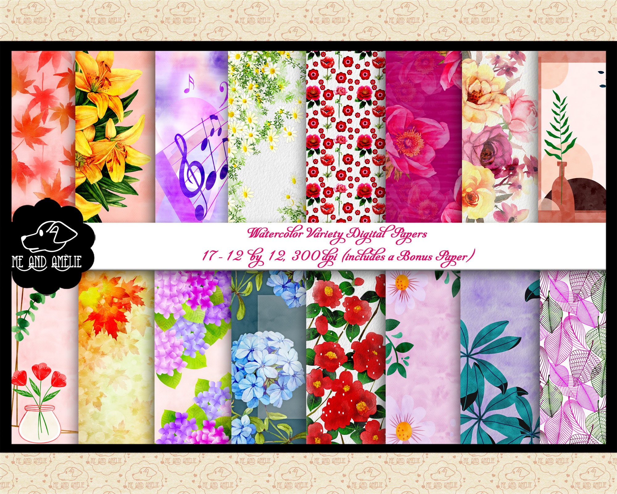 Floral Watercolor Digital Paper Pack, Scrapbooking (digital Download ...