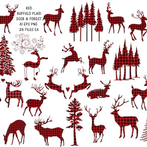 Red Buffalo Plaid Deer & Forest AI EPS Png(no Svg)lumberjack Plaid, Red ...