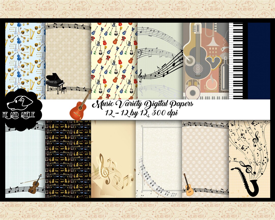 Music Variety Digital Papers, Musical Instruments Background, Piano ...