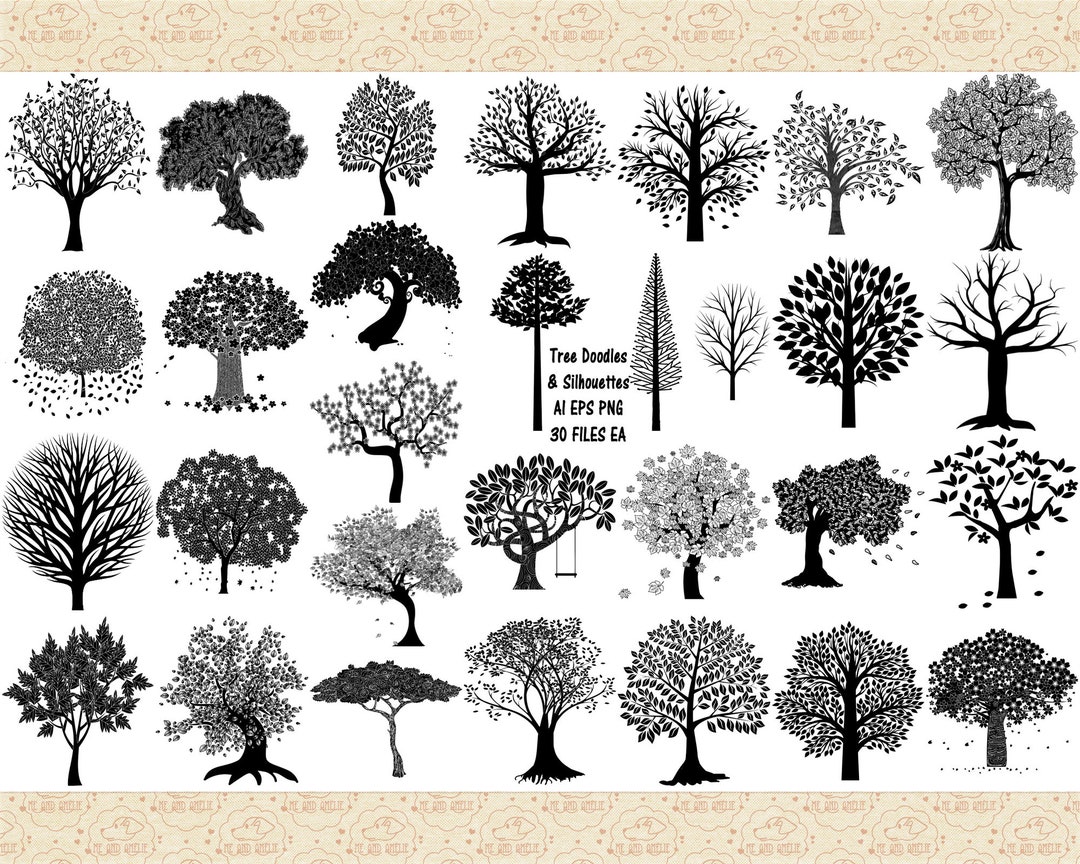 Trees Doodles Silhouettes AI Vector & PNG (not a SVG) Sakura Cherry ...