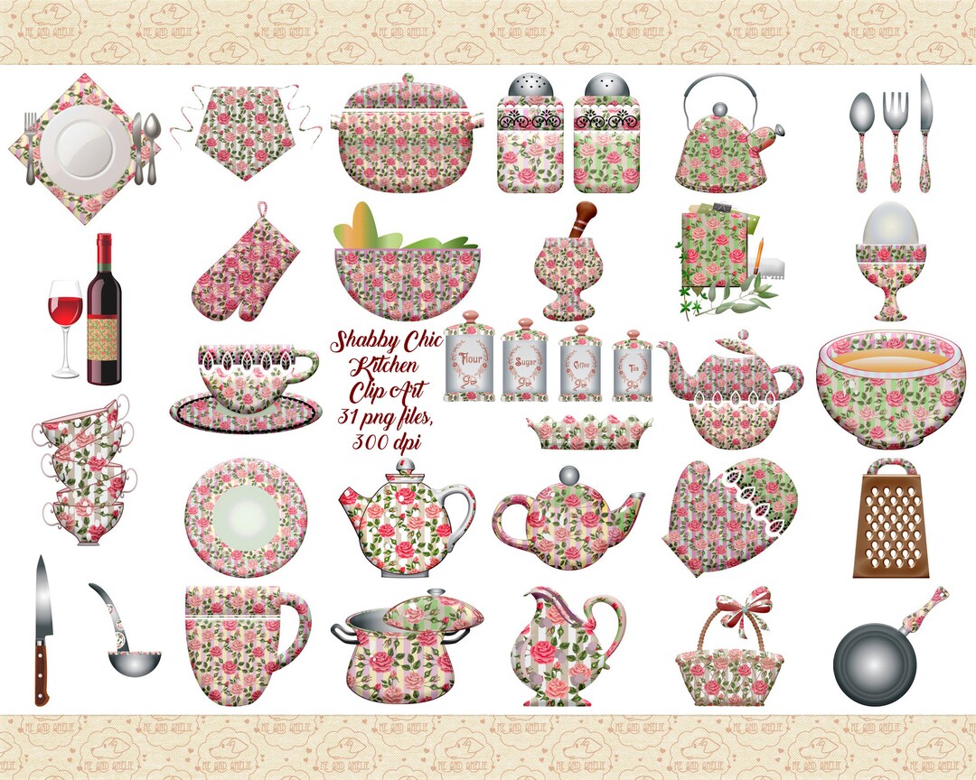 Shabby Chic Cookware Clipart, Kitchen Graphics, Shabby Rose Pans, Apron ...