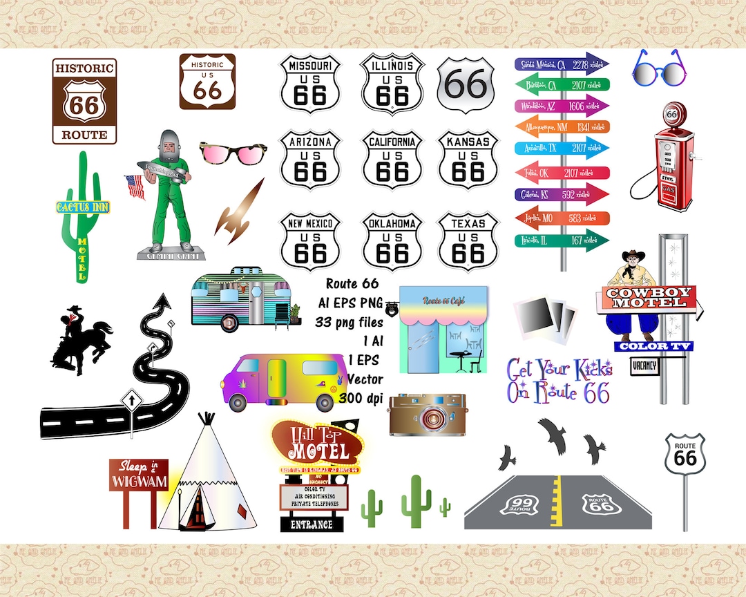 Route 66 AI EPS (no Svg) & PNG, Route 66 Clip Art, Highway 66 Signs ...