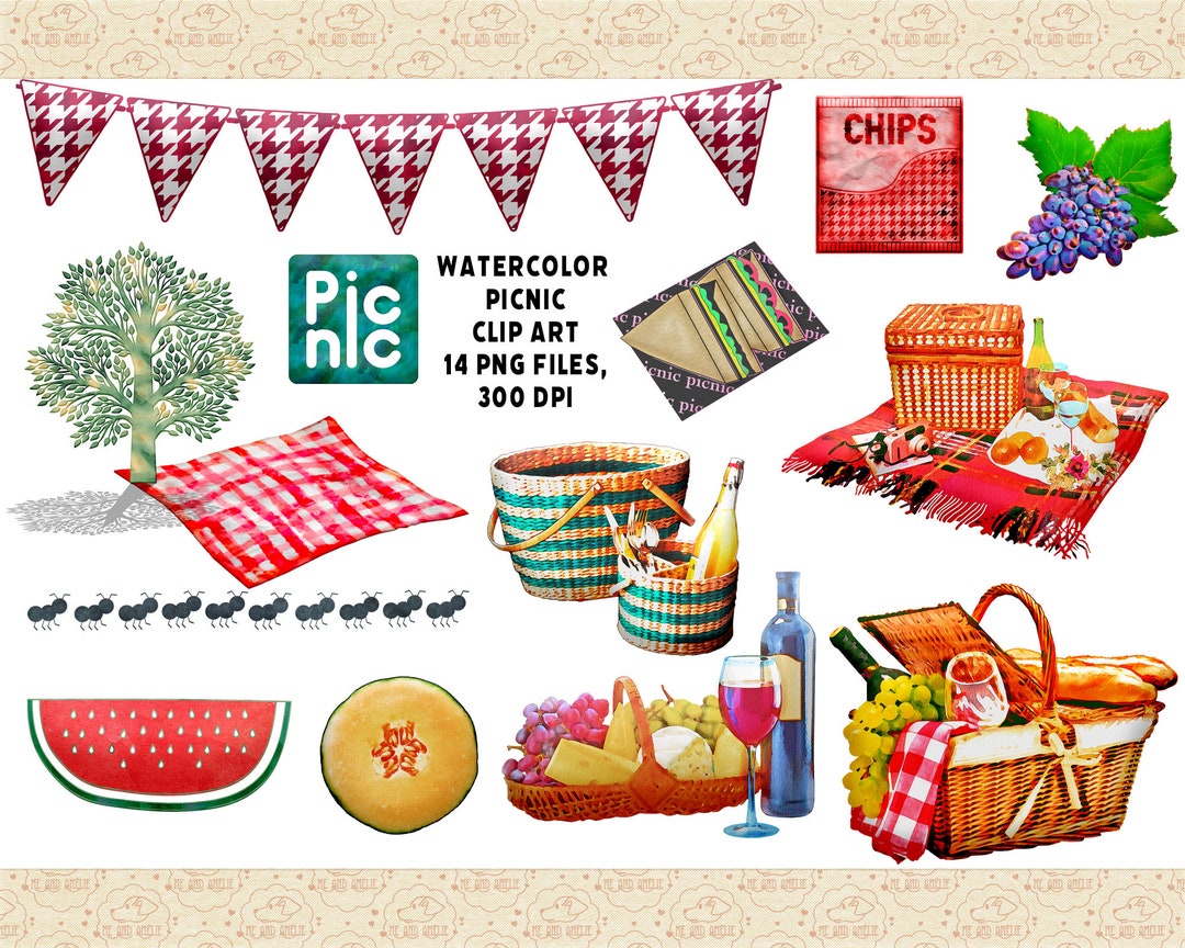 Watercolor Picnic Clip Art, Watercolor Wine & Cheese, Watercolor Picnic ...