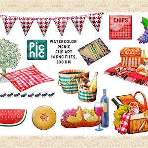 Watercolor Picnic Clip Art, Watercolor Wine & Cheese, Watercolor Picnic ...