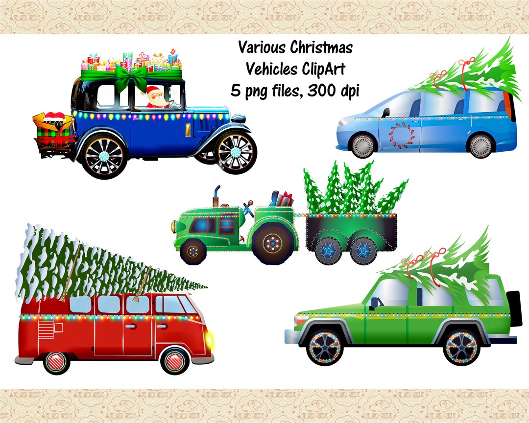 Christmas Vehicles Clip Art, Retro Christmas, Christmas Tractor, Santa ...
