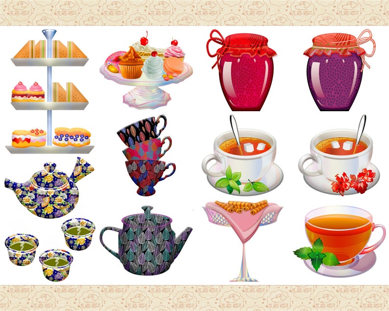 Tea Time Clip Art, High Tea Graphics, Cupcakes, Tea Sandwiches, Sugar ...