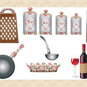 Shabby Chic Cookware Clipart, Kitchen Graphics, Shabby Rose Pans, Apron ...