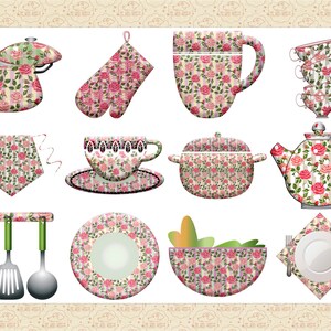 Shabby Chic Cookware Clipart, Kitchen Graphics, Shabby Rose Pans, Apron ...
