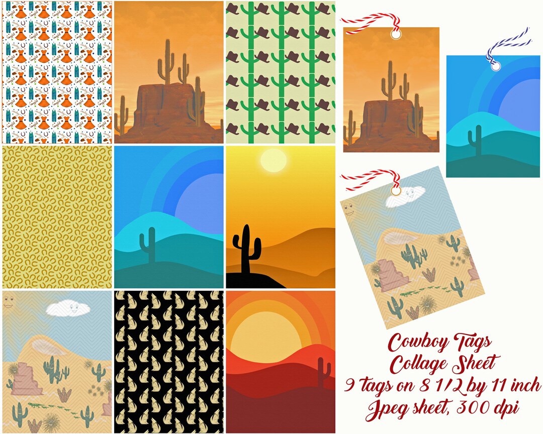 Cowboy Western Gift Tag Collage, Deserts, USA, Cowboy Party Favors, 9 ...