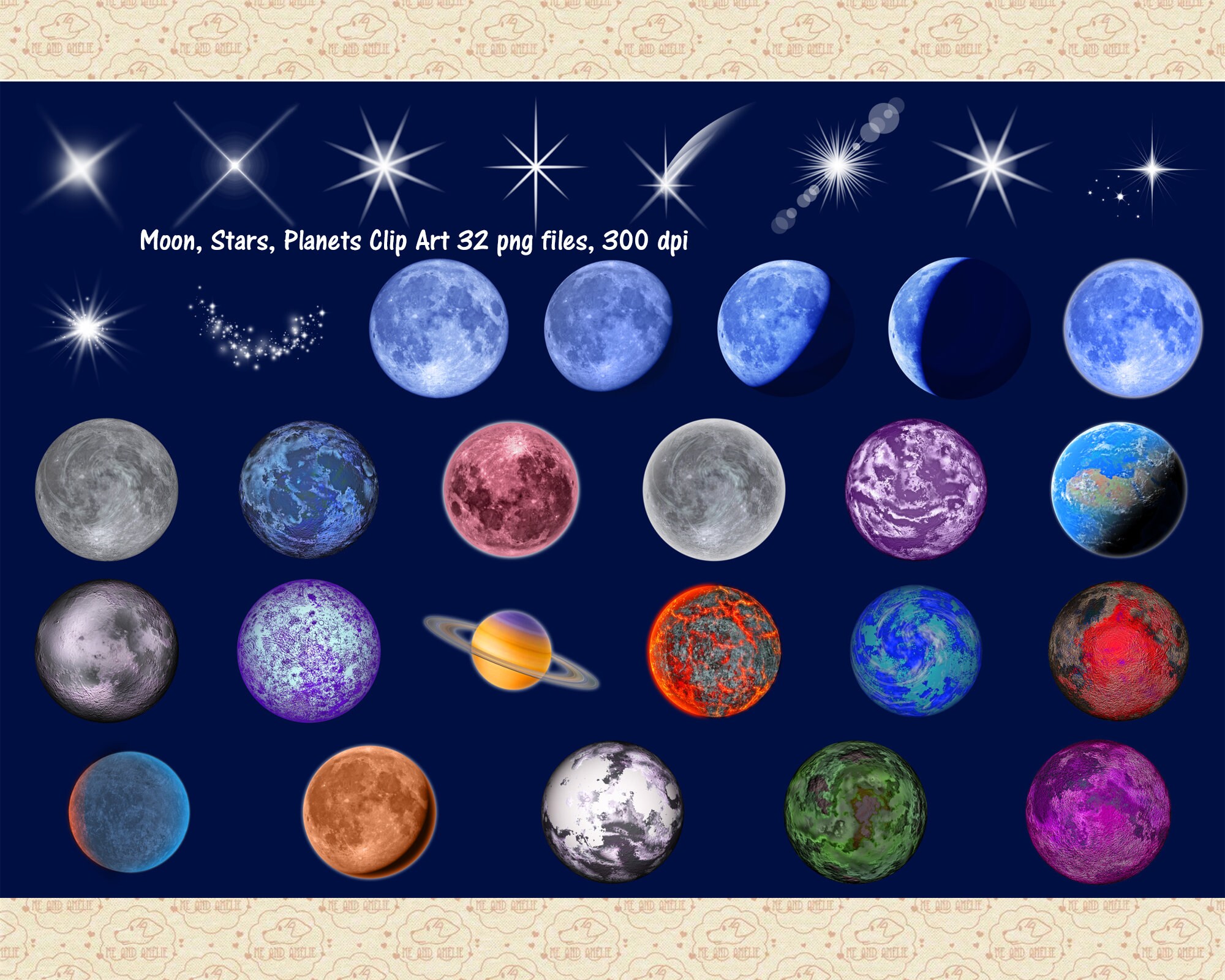 Planets Moon Phases Stars Clip Art Galaxy Graphics Fantasy - Etsy