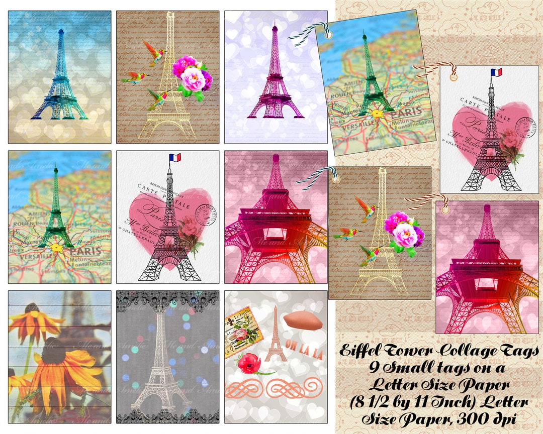 Eiffel Tower Tag Collage Sheet, Ephemera, French Gift Card Making,9 ...