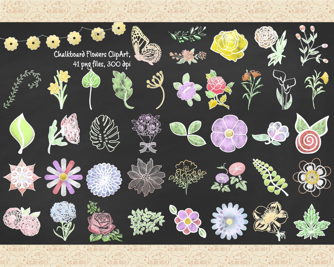 Chalkboard Colorful Floral Clip Artchalk Flowers - Etsy