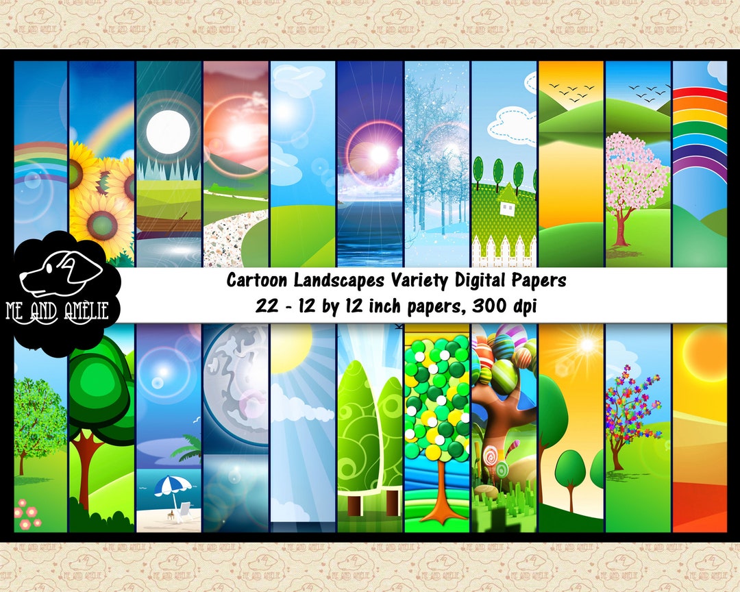 Cartoon Landscapes Variety Digital Papers, Sky and Land Papers ...