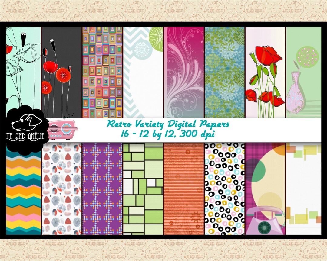 SALE 99 CENTS, Retro Mid Century Atomic Age Variety Digital Papers, Mid ...