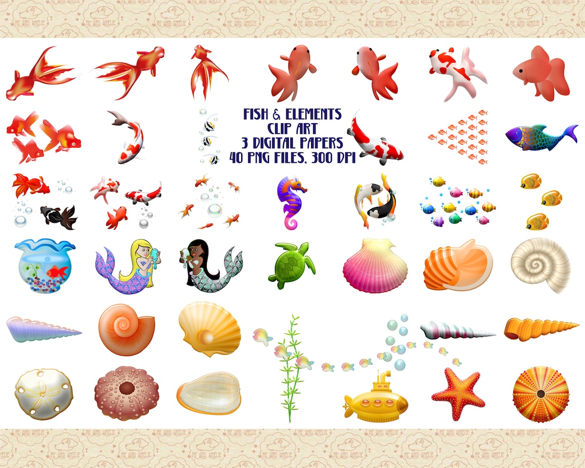 Fish & Sea Life Clipart PLUS 3 Underwater Digital Papers Koi - Etsy