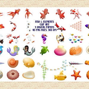 Fish & Sea Life Clipart, PLUS 3 Underwater Digital Papers, Koi Fish ...