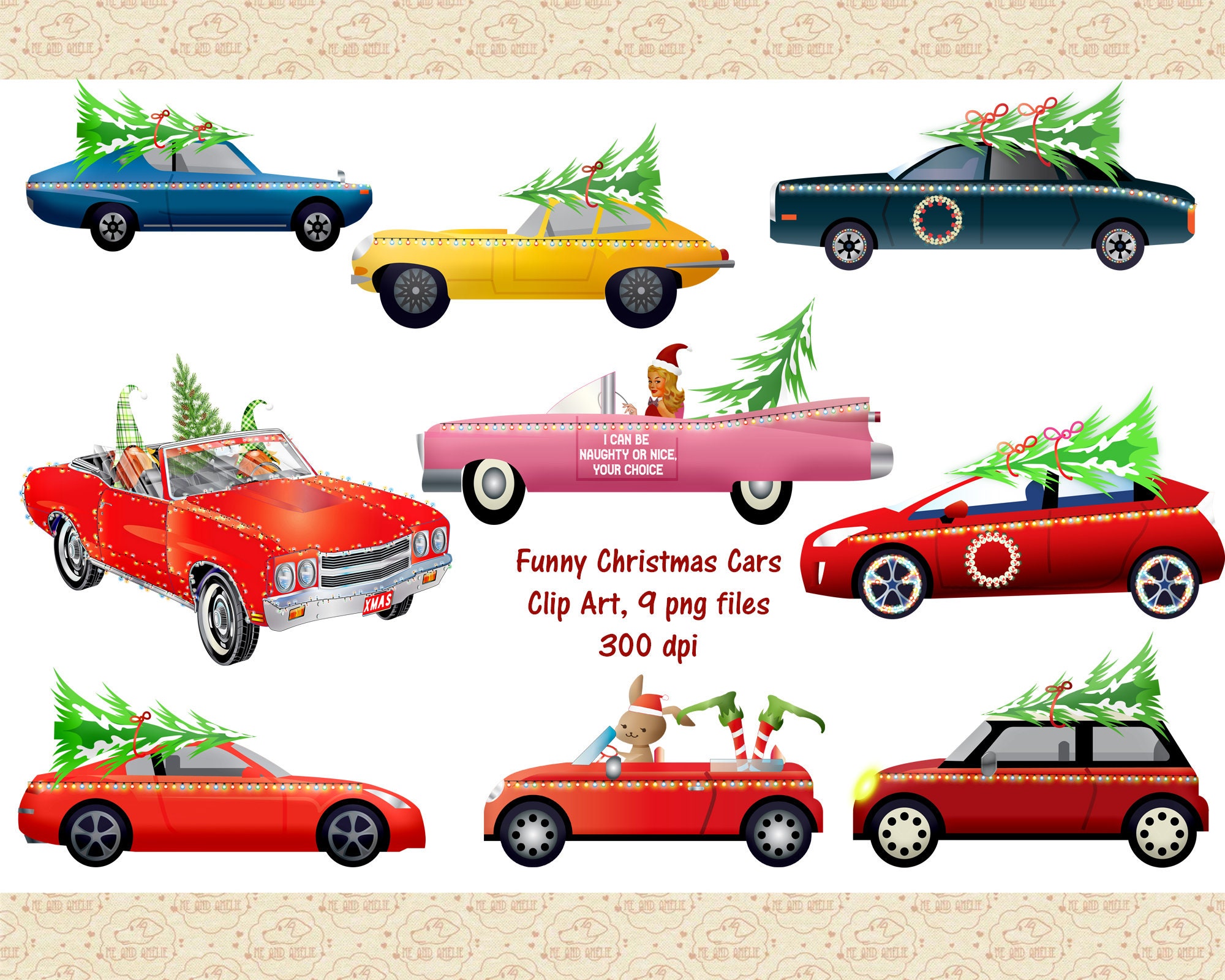 Retro Christmas Car Clip Art, Pin Up, Gnome, Tree (PNG) - Etsy