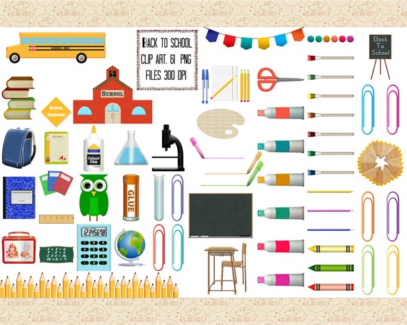 Back to School Clip Art School Supplies Paints Pencils | Etsy