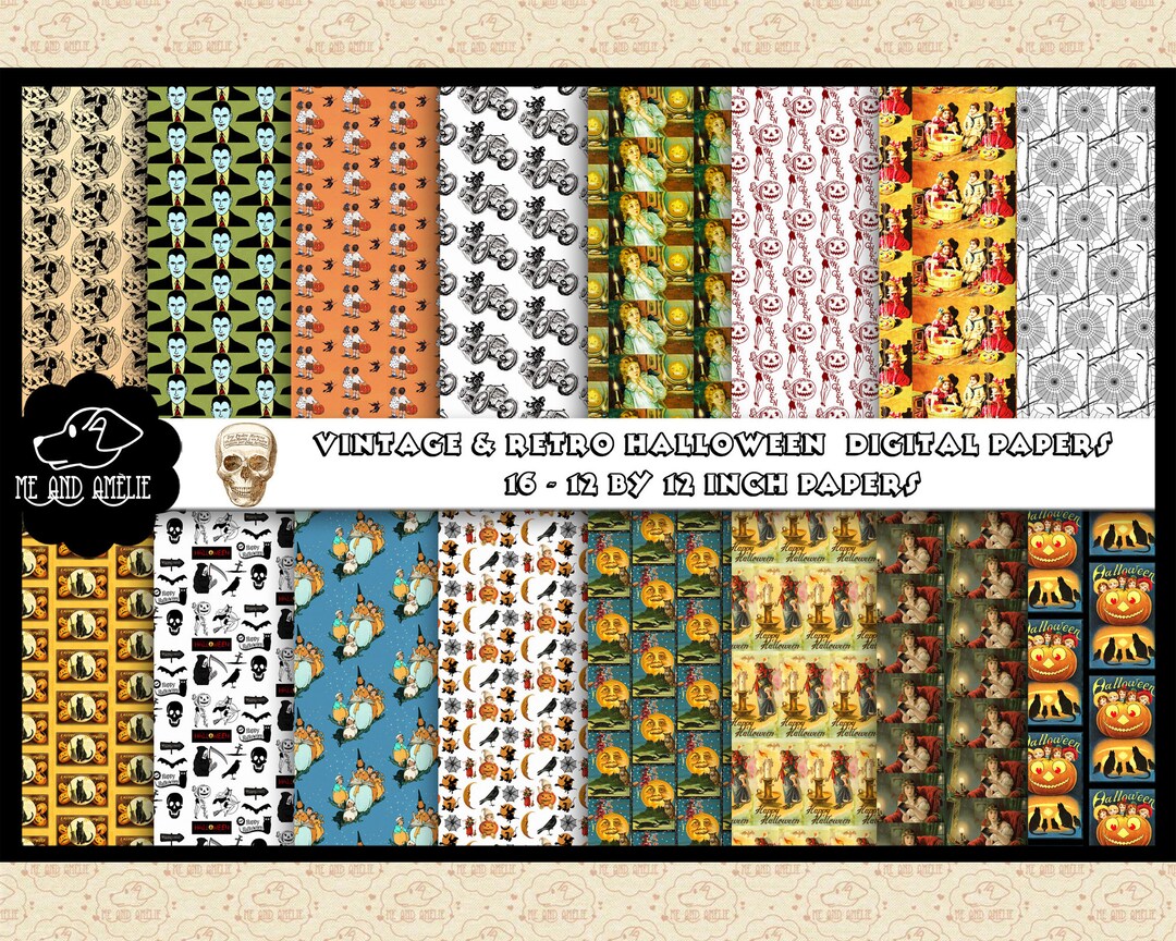Retro Halloween Patterns Digital Paper, Vintage Papers, Halloween ...