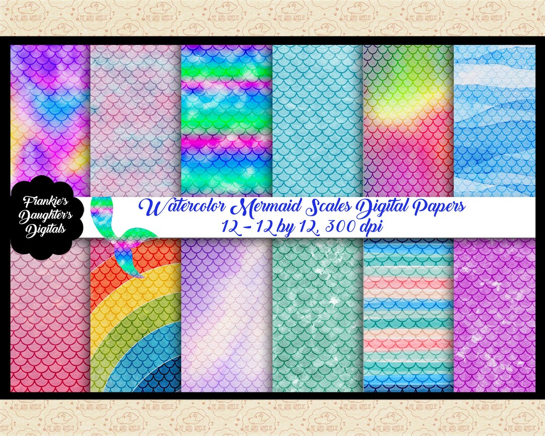 Watercolor Mermaid Scales Digital Paper, Rainbow Backgrounds (12x12 ...