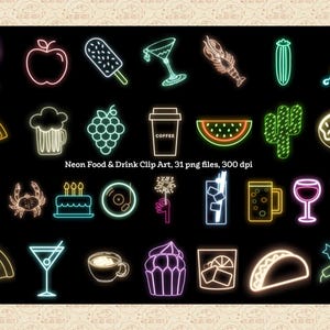 Neon Food & Drink Clipart, Cocktail Clipart, Taco, Fruit Clipart, Neon ...