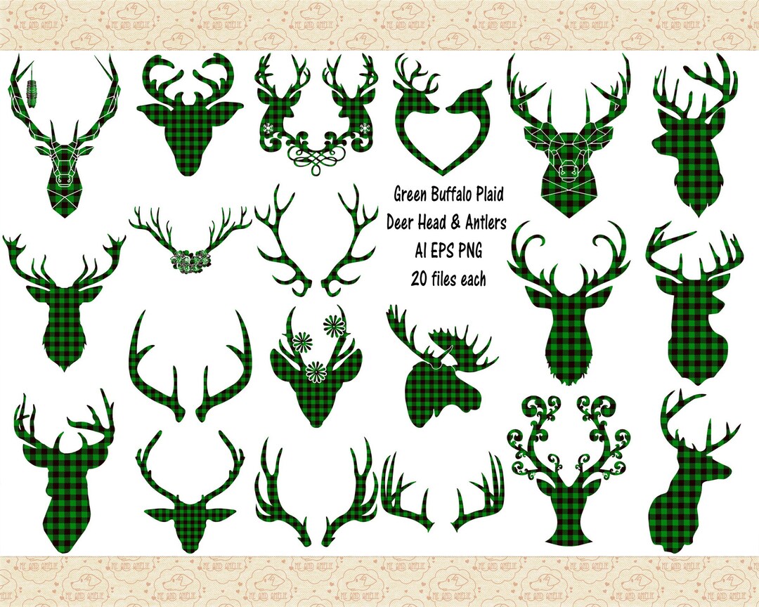 Green Buffalo Plaid Deer Antler Clipart, Rustic Christmas (PNG EPS AI ...